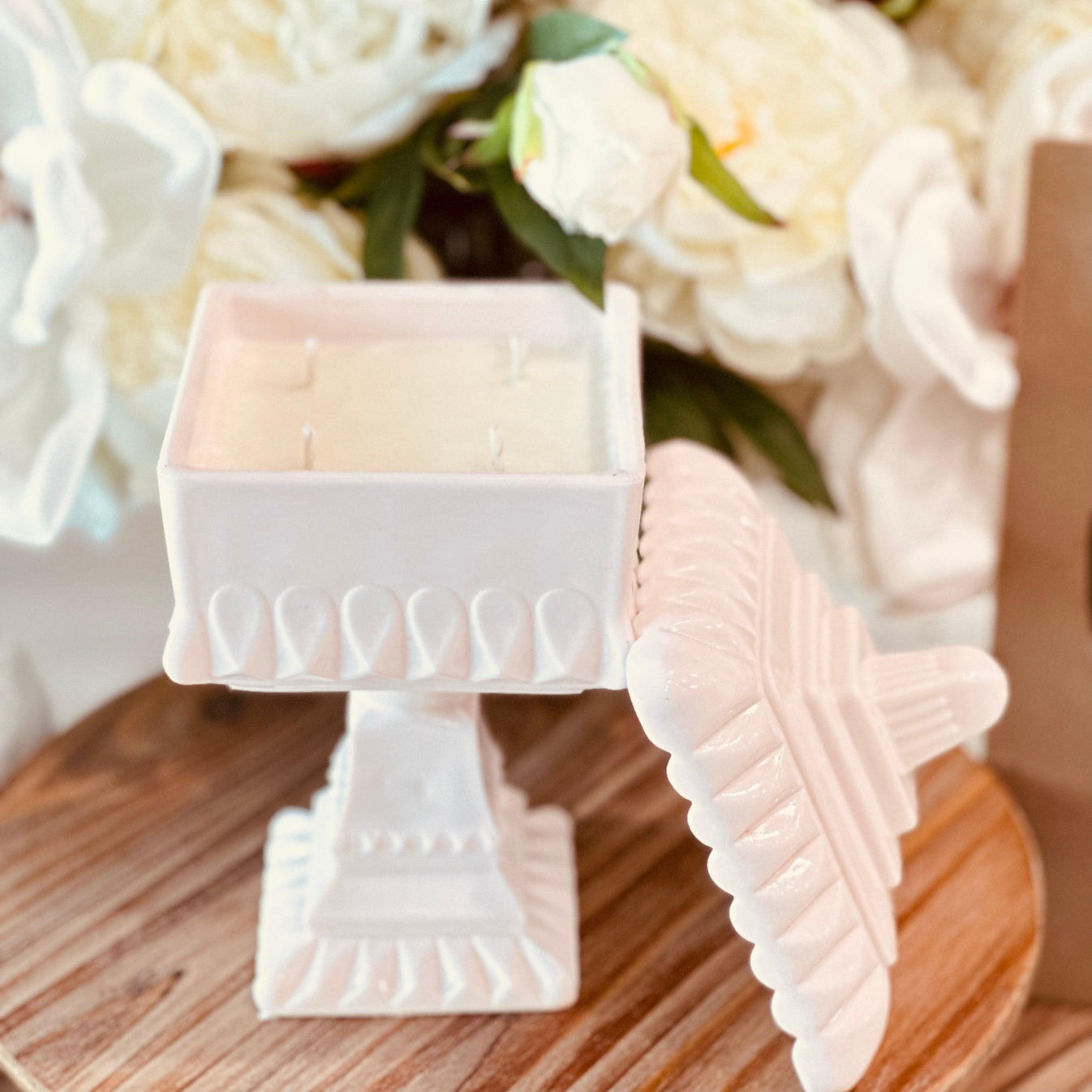 Vintage Pink Milk Glass Wedding Cake Box - Wedding Cake Soy Candle